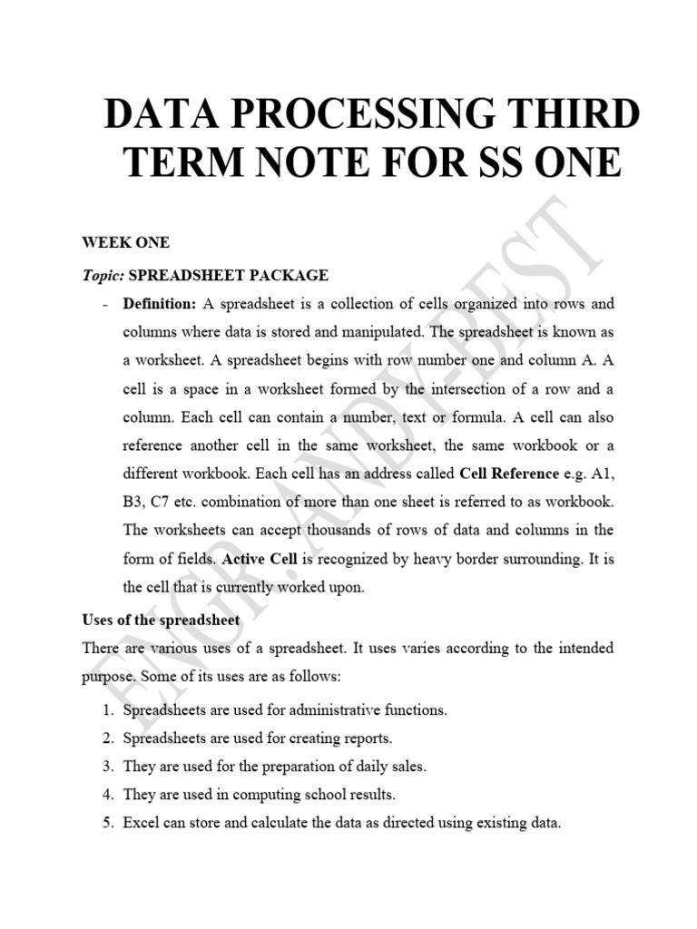 Data Processing Third Term Note For Ss One Pdf Spreadsheet Databases