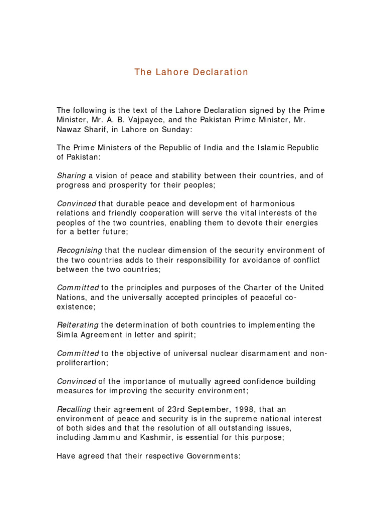 In PK - 990221 - The Lahore Declaration | PDF | International Relations ...