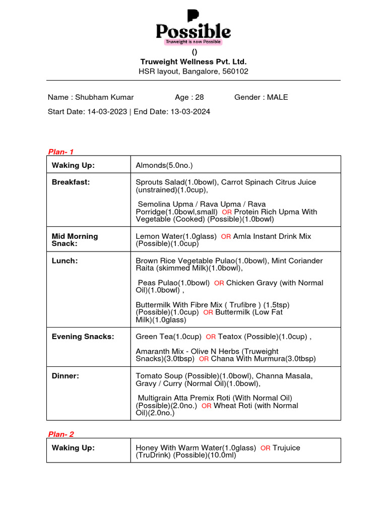 Truweight Wellness Diet Plan 2023-2024 | PDF | Lunch | Foods