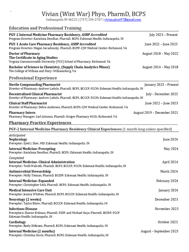 Wint War Vivian Phyo CV | PDF | Pharmacist | Pharmacy