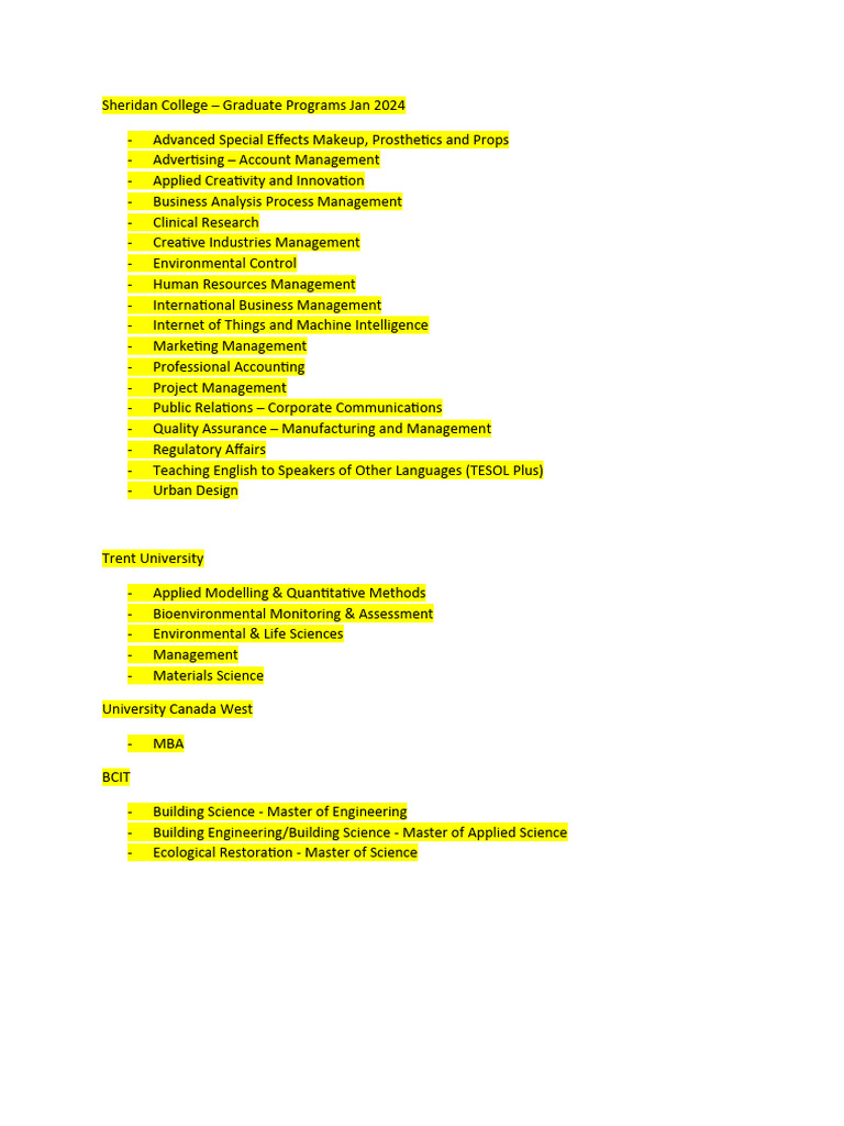 Jan 2024 intake programs canada | PDF | Science | Engineering