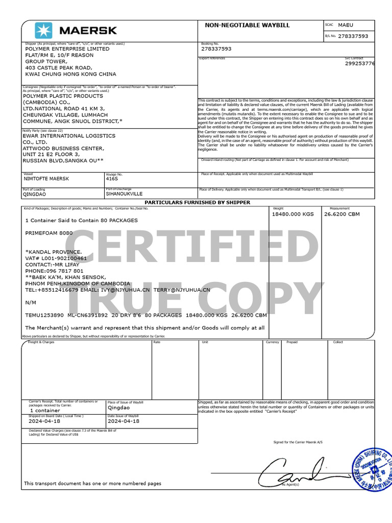 BL 278337593 | PDF | Cargo | Consignee