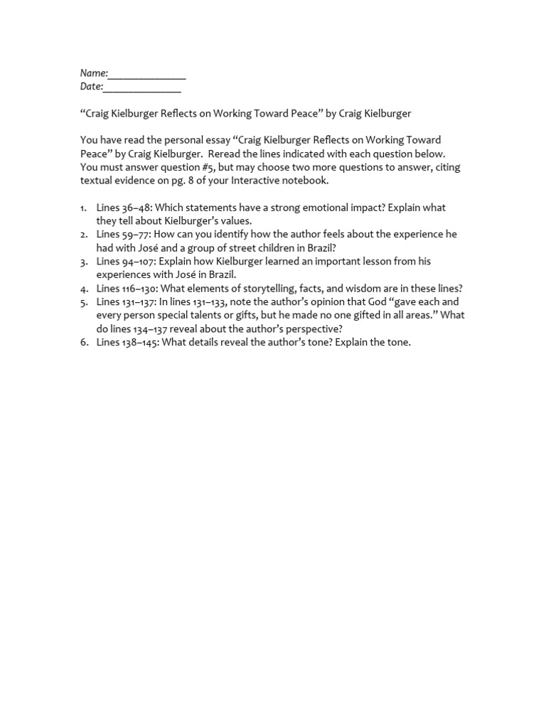 Craig Kielburger Reflects On Working Toward Peace Guided Questions | PDF