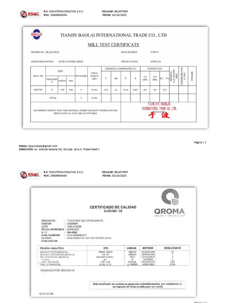 Materiales - Certficados | PDF