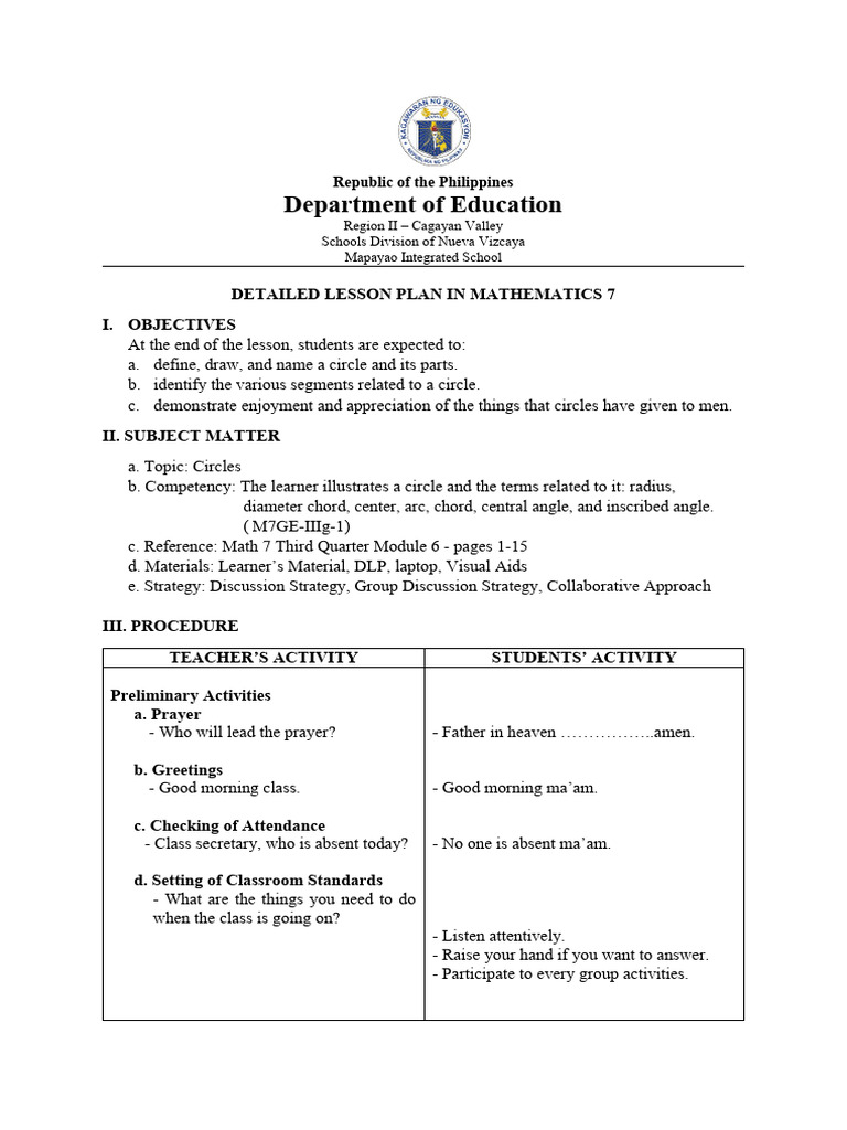 Detailed Lesson Plan in Mathematics 7 Circle | PDF | Circle | Tangent