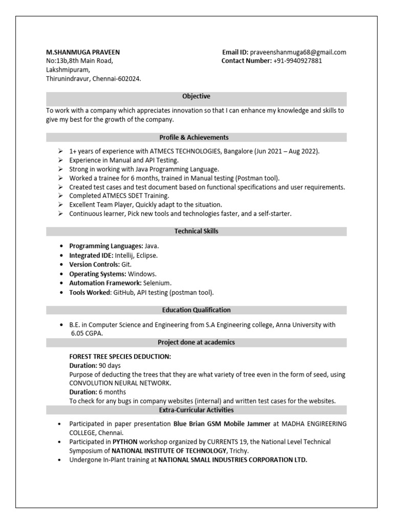 Shanmuga Praveen - Resume-1 | PDF | Computer Programming | Eclipse (Software)