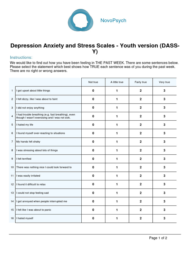 DASS-Y Questionnaire for Youth Assessment | PDF | Anxiety | Abnormal ...