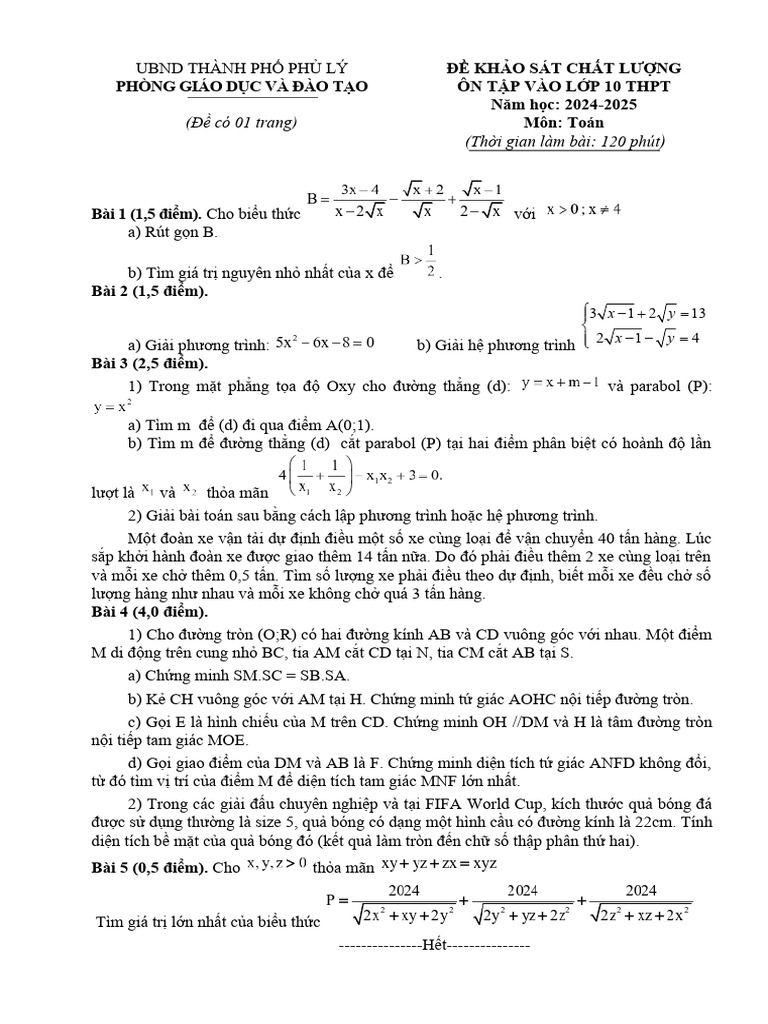 DE TOAN 9 - ON TAP VAO THPT Phòng GD Và ĐT PH Lý Hà Nam 24-25 | PDF
