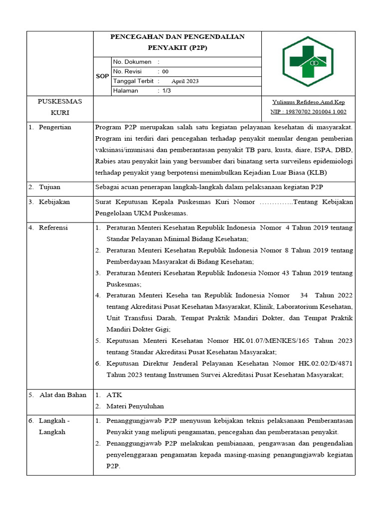 Sop Pencegahan Dan Pengendalian Penyakit P2P | PDF | Pengembangan Diri