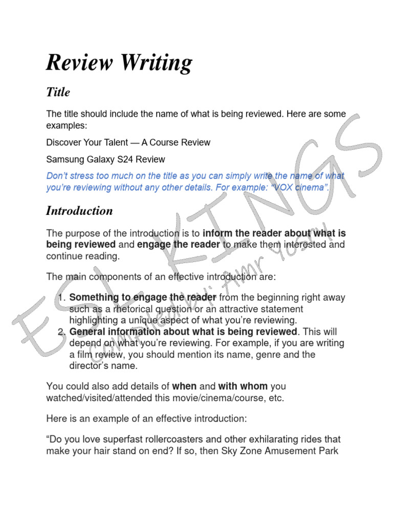 Review Writing Notes | PDF | Word | Vocabulary