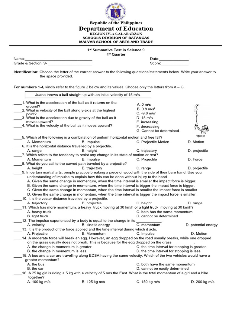 4th Quarter-Summative Test I | PDF | Momentum | Force