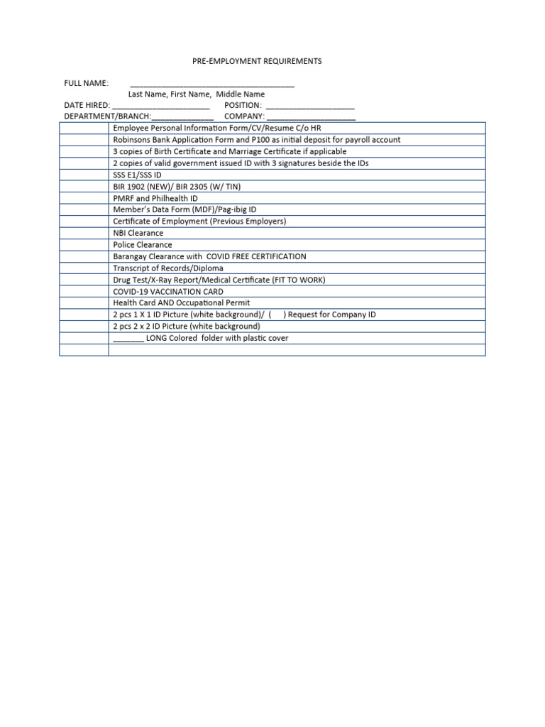 Pre Employment Checklist | PDF