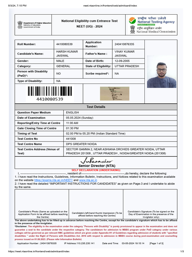 Neet - Ntaonline.in Frontend Web Admitcard Index | PDF | Identity Document
