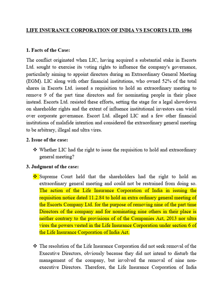 LIC vs. Escorts Case (EGM) | PDF | Corporations | Liquidation