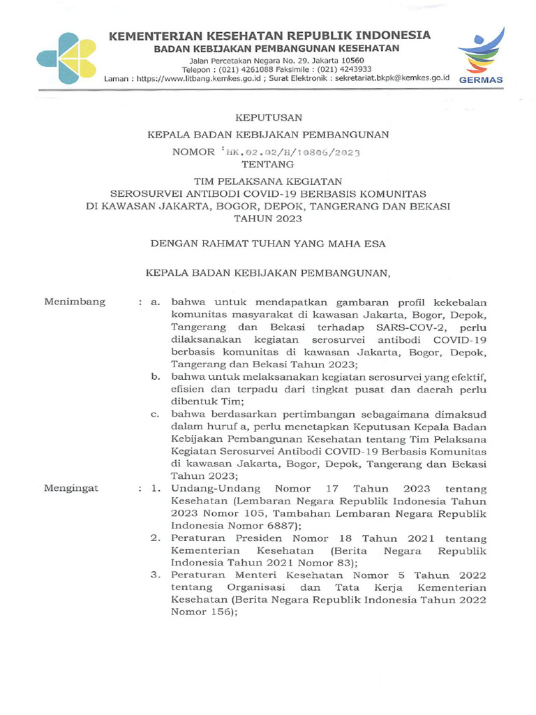 SK Tim Pelaksana Kegiatan Serosurvei Antibodi COVID-19 Berbasis Komunitas Di Kawasan Jabodetabek ...