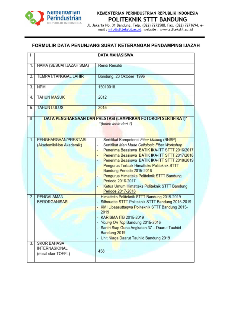 Formulir Data Penunjang Surat Keterangan Pendamping Ijazah | PDF