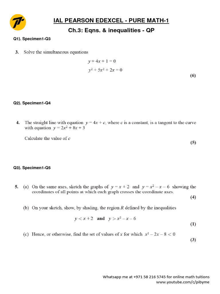 IAL Pure Math1_CH3-Eqns and Inequalts_QP | PDF