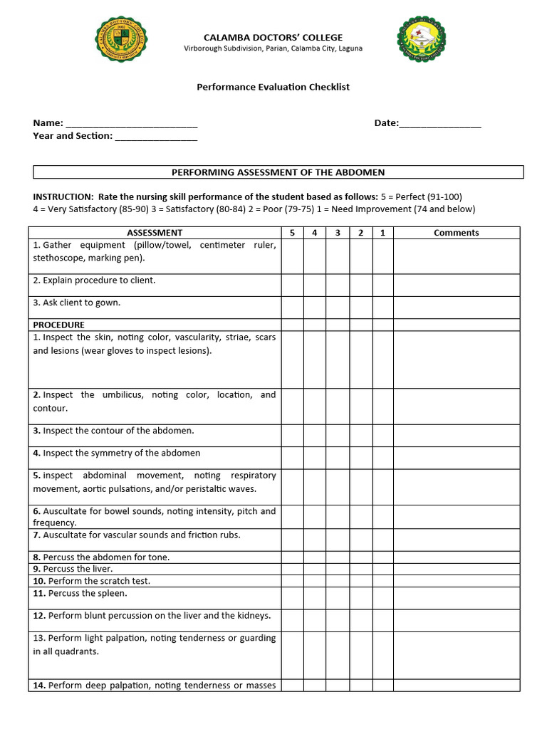 Abdominal Assessment Skills Checklist | PDF | Abdomen | Human Anatomy