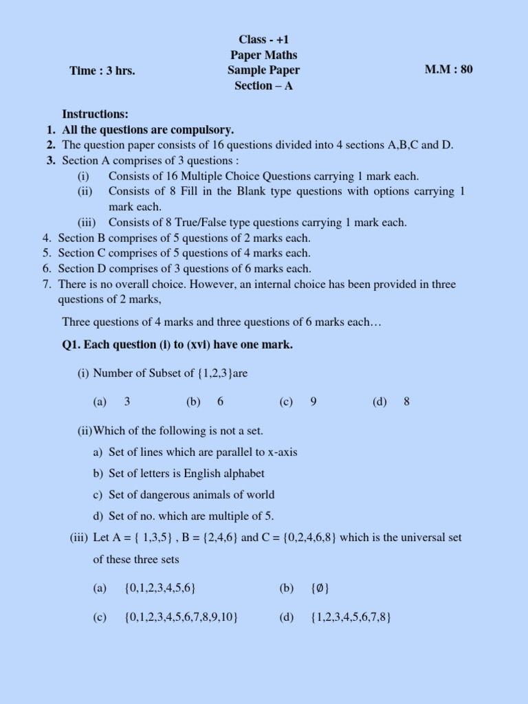 11 Maths Sample Paper 1 | PDF