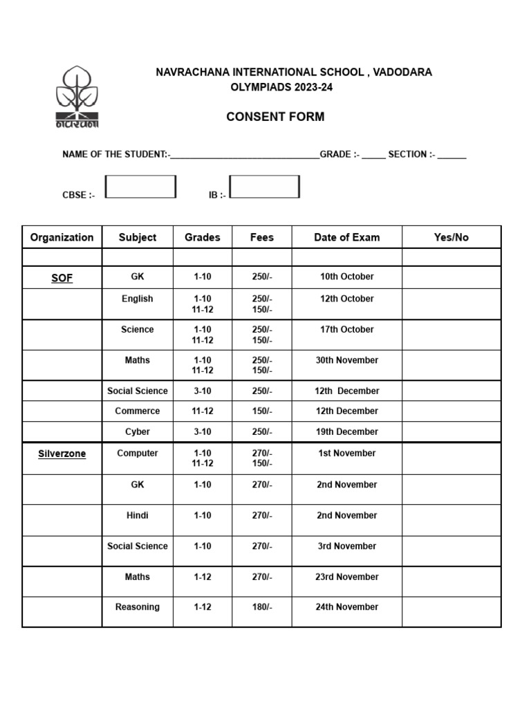 Olympiad Consent Form 2023-24 | PDF