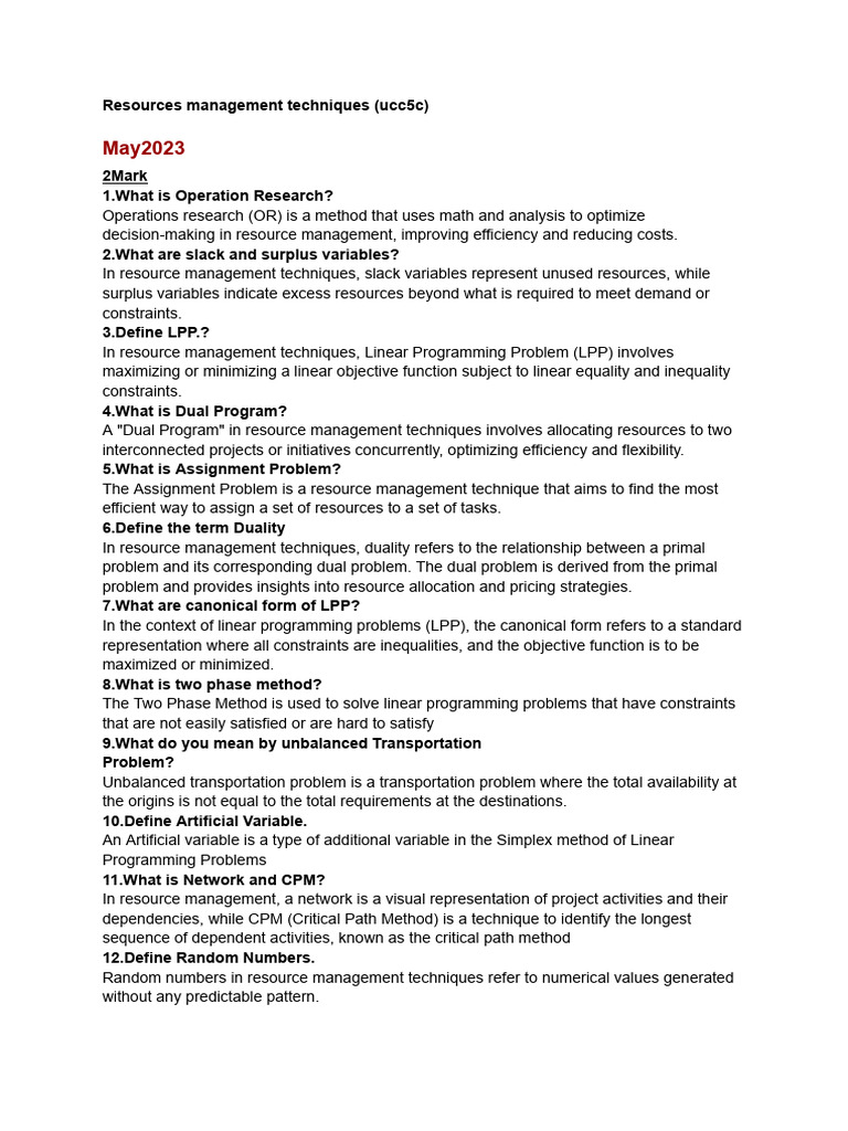 Resources Management Techniques 2mark | PDF | Linear Programming ...