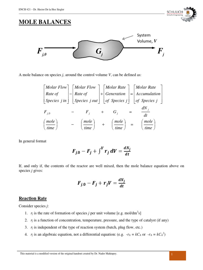 H01 - Mole Balances - BK | PDF | Chemical Engineering | Process Engineering