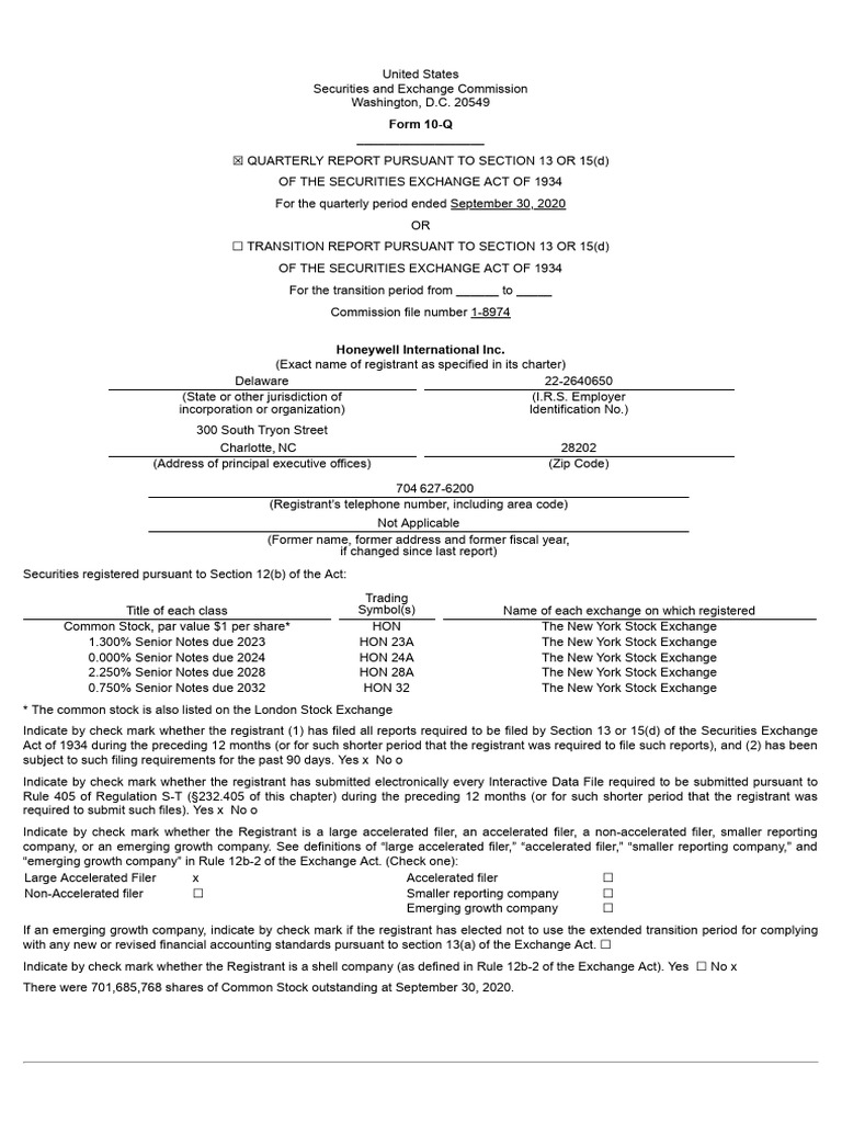 Honeywell Q3 2020 SEC Form 10-Q Report | PDF | Investing | Treasury Stock