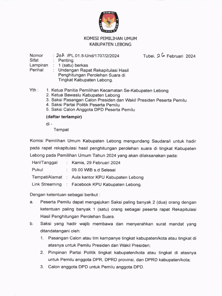 202 - Und Peserta Rapat Pleno Rekapitulasi Tingkat Kabupaten Lebong Pemilu 2024 | PDF