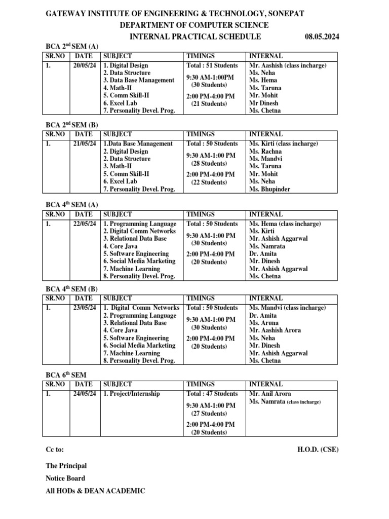 Internal Practical Schedule May 2024 - Bca | Download Free PDF | Software Development | Engineering