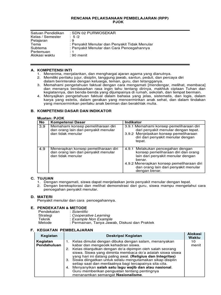 RPP PJOK Kelas 5 Semester 2 EKPLRASI | PDF