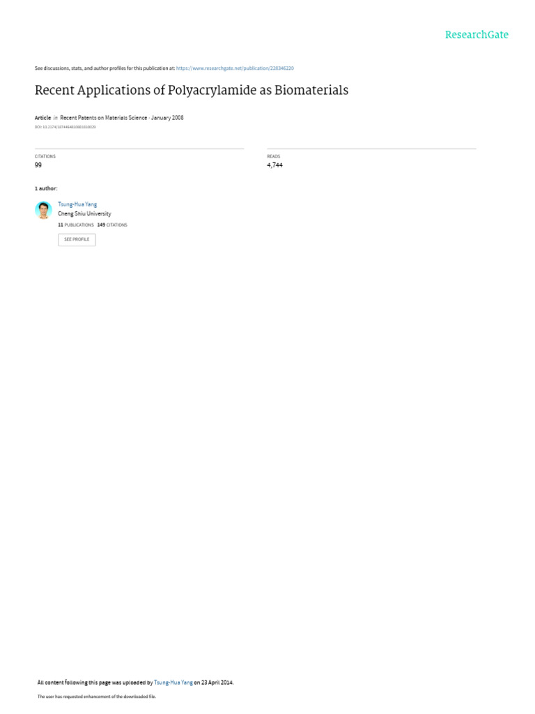 Recent Applications of Polyacrylamide As Biomateri | PDF ...