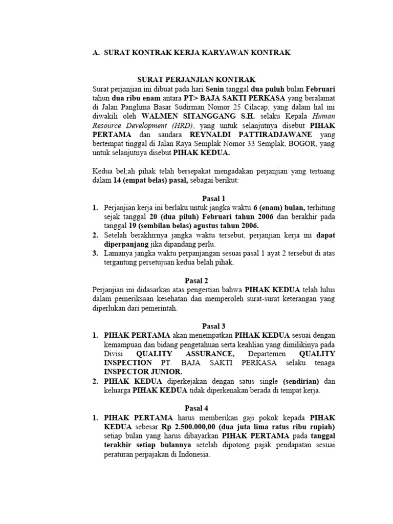 Kontrak Kerja Karyawan PT Baja Sakti | PDF | Hukum