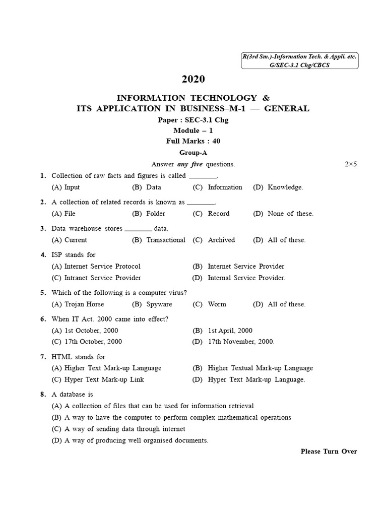 CU-2020 B. Com. (General) Information Technology-M1 Semester-III Paper-SEC-3.1CHG QP | PDF ...