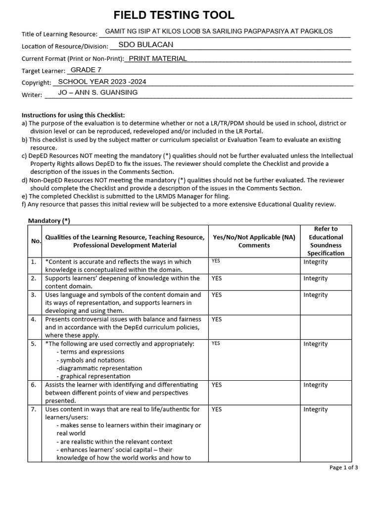LRM FORM 11 Field Testing Tool. GRADE 7 | PDF | Learning | Usability