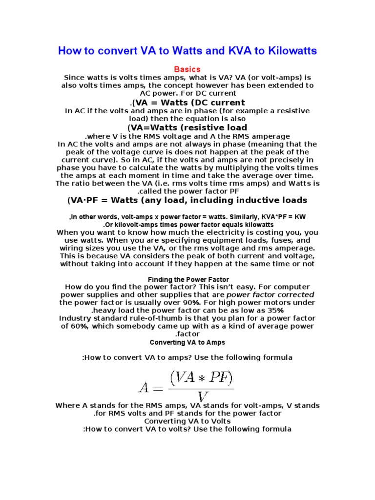 How To Convert VA To Watts and KVA To Kilowatts | PDF | Root Mean ...