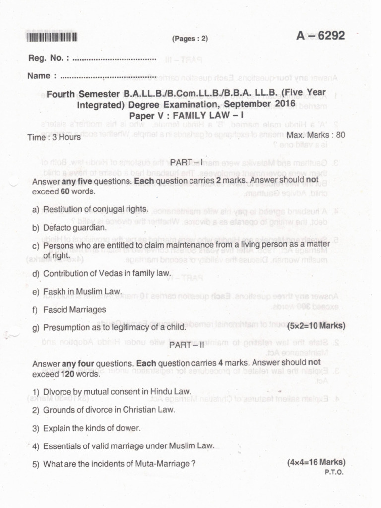 Family Law BA BBA BCom Sept 2016 IV Sem3 | PDF
