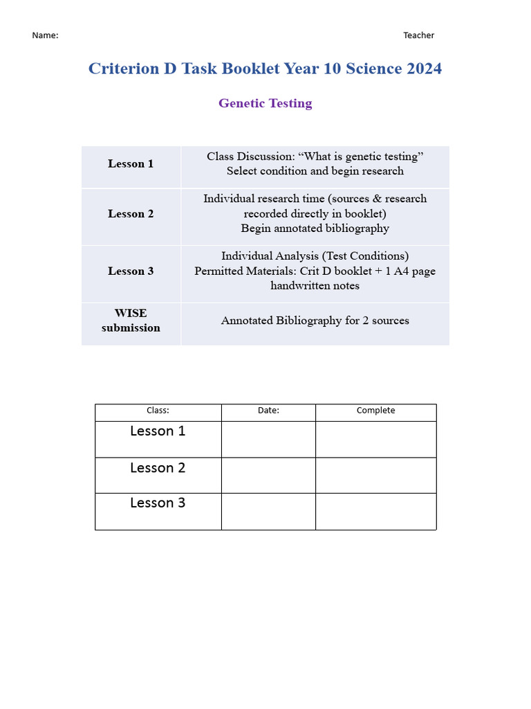Criterion D Task Booklet 2024 | PDF | Genetic Disorder | Genetic Testing
