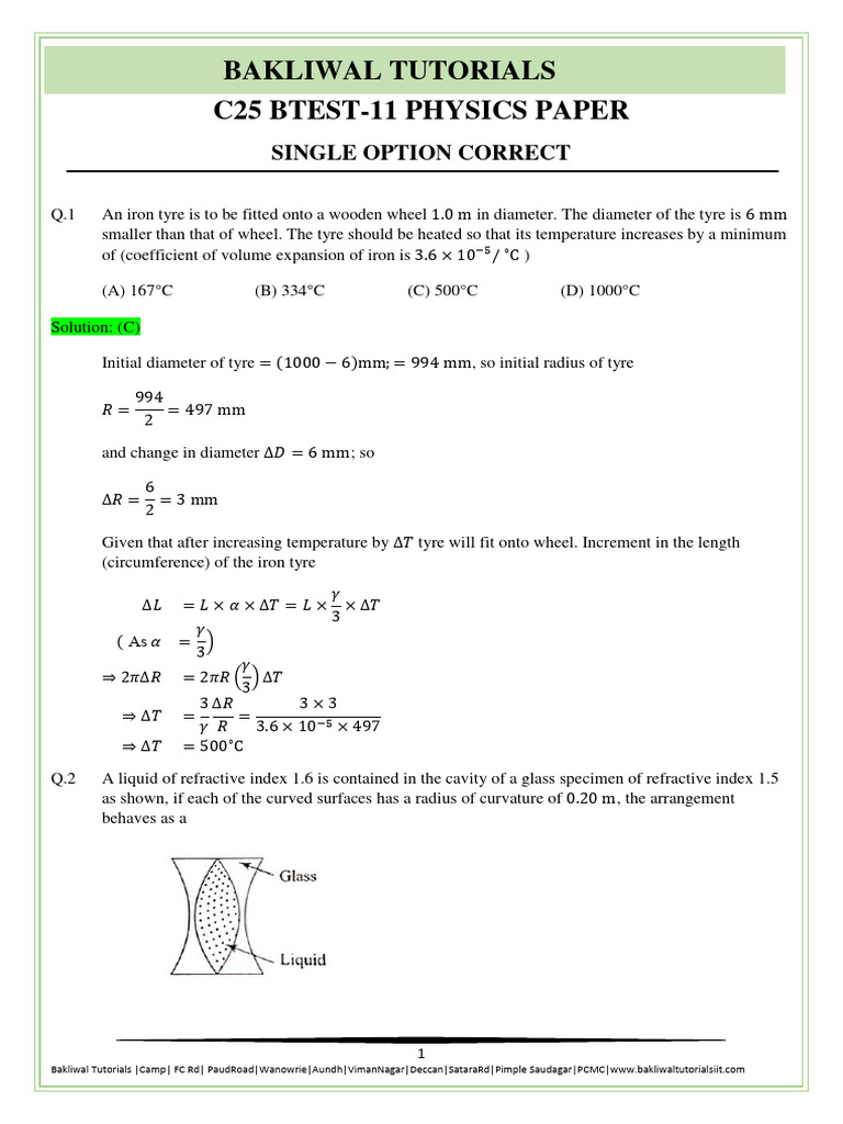 Jee PHYSICS PAPER With Solutions BT | PDF | Optics | Electromagnetic Radiation