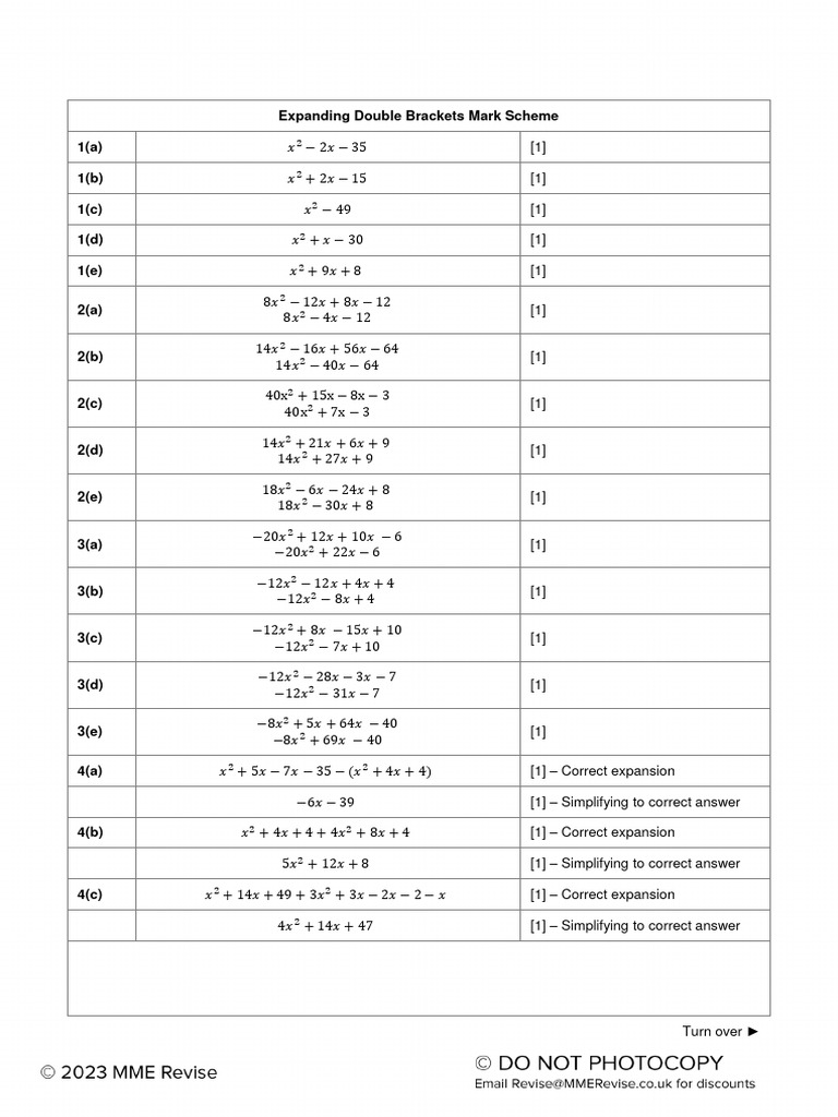 Expanding Double Brackets Answers MME | PDF