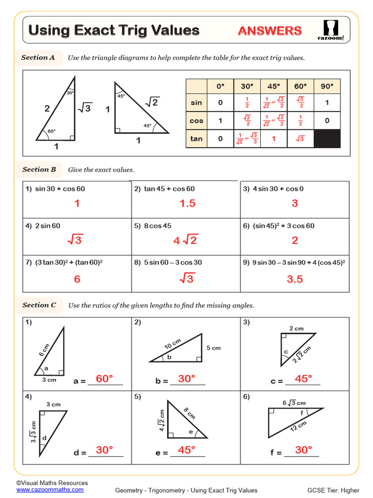 Cazoom Maths. Trigonometry. Using Exact Trig Values. Answers | PDF | Trigonometry | Area