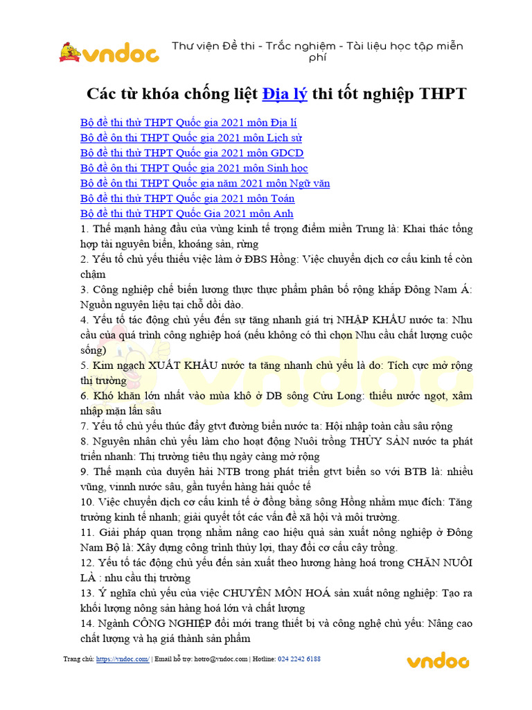Cac Tu Khoa Chong Liet Dia Ly Thi Tot Nghiep THPT | PDF