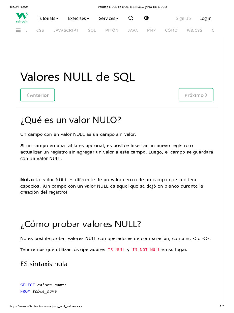 Valores NULL de SQL: ¿Qué Es Un Valor NULO? | PDF | SQL | Software de gestión de datos