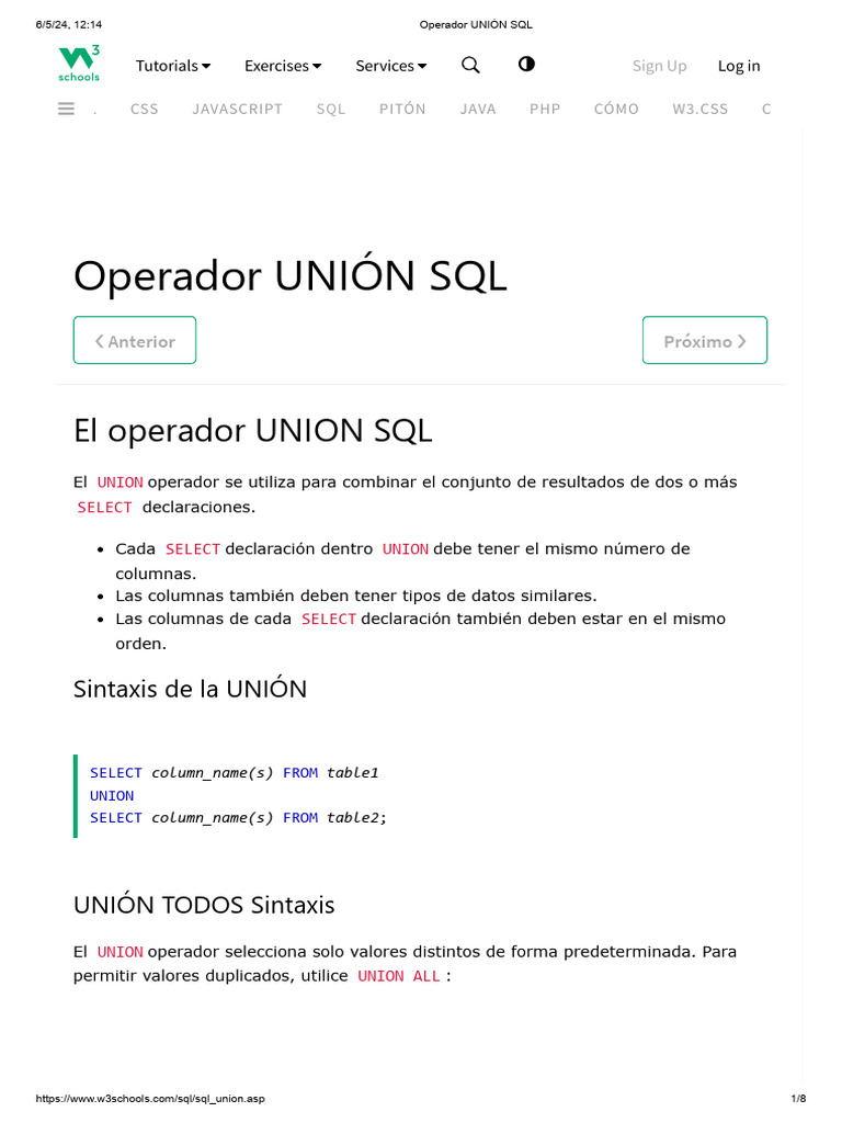 Operador UNIÓN SQL | PDF | SQL | Ingeniería de software