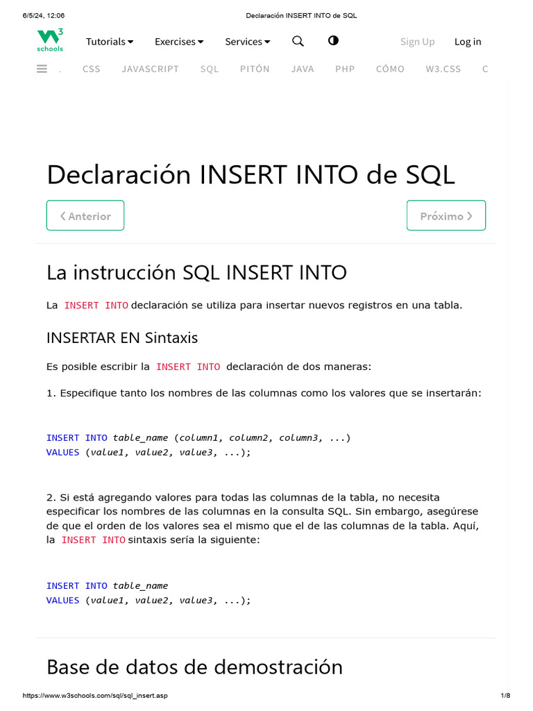 Declaración INSERT INTO de SQL | PDF | SQL | Modelo de datos