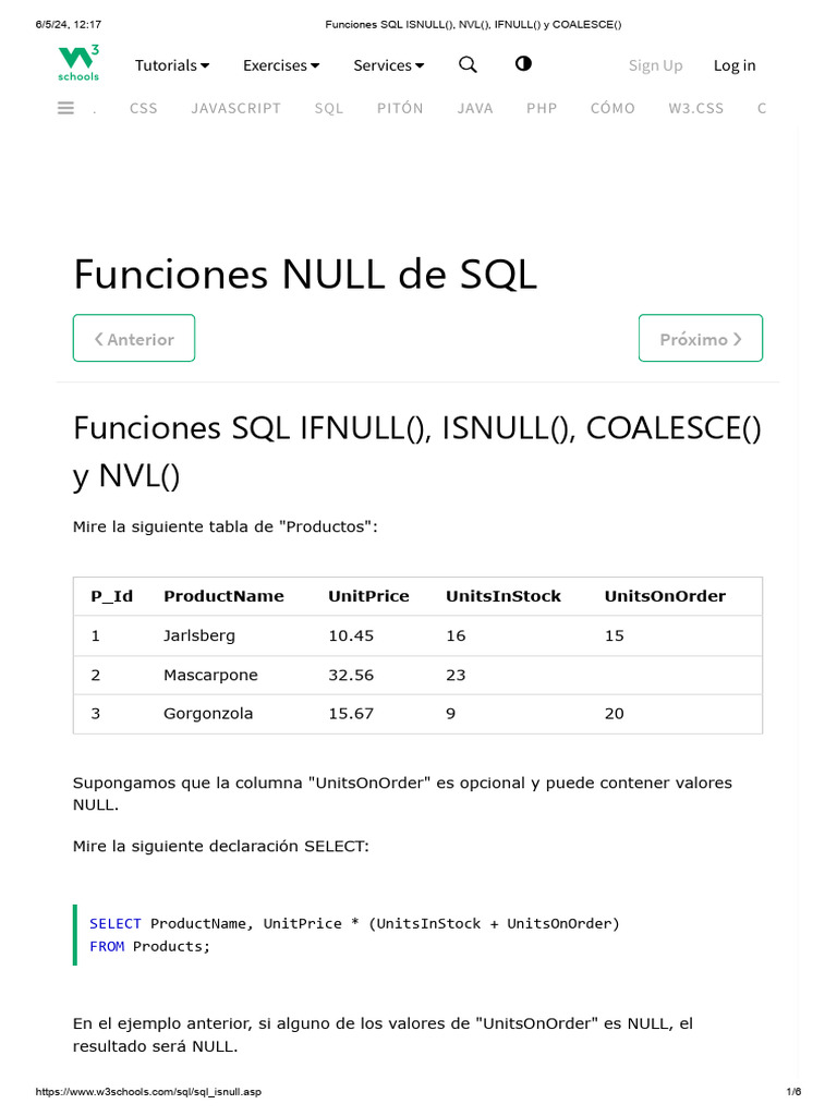 Funciones NULL de SQL | PDF | SQL | Programación de computadoras