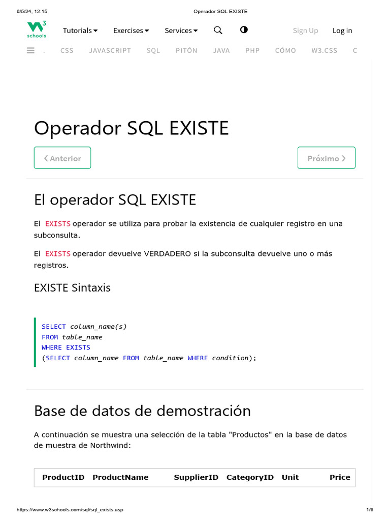 El Operador SQL EXISTE | Descargar gratis PDF | SQL | Diseño de software
