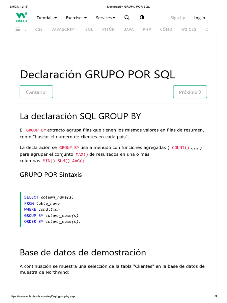 Declaración GRUPO POR SQL | PDF | SQL | Diseño de software