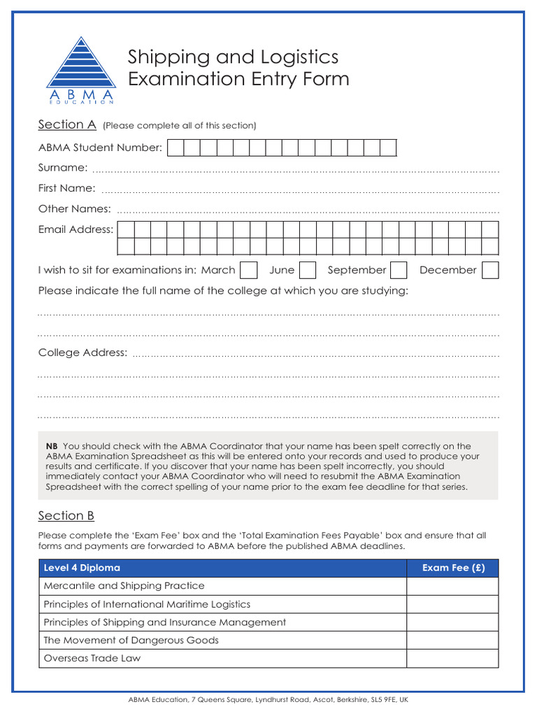 Professional Shipping and Logistics Examination Entry Form | PDF | Cheque