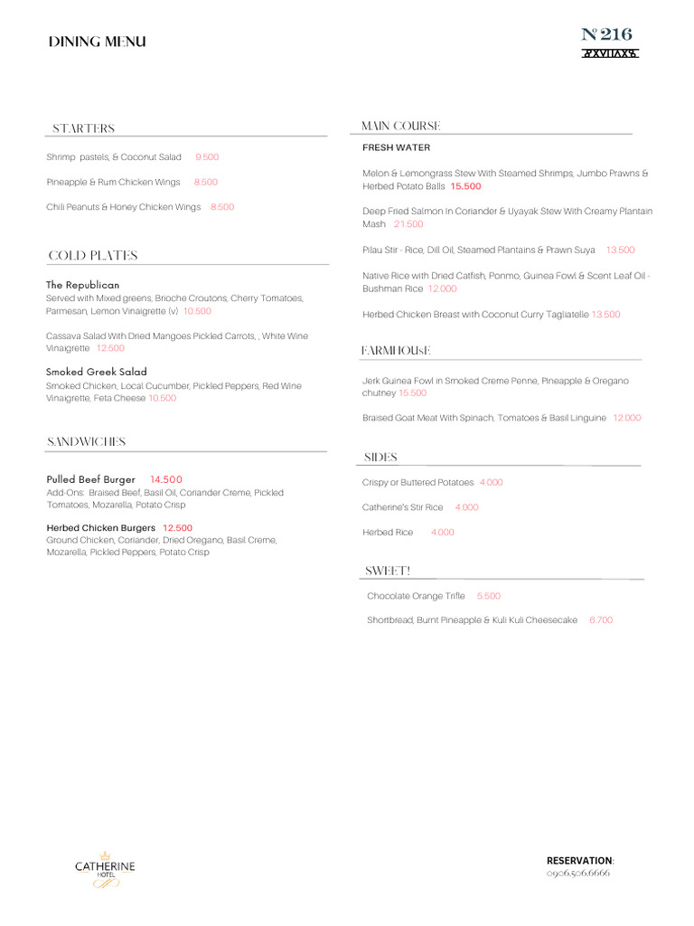 Pdfs TwoSixteenDining Restaurant Menu 1 | PDF | Pickling | Drink