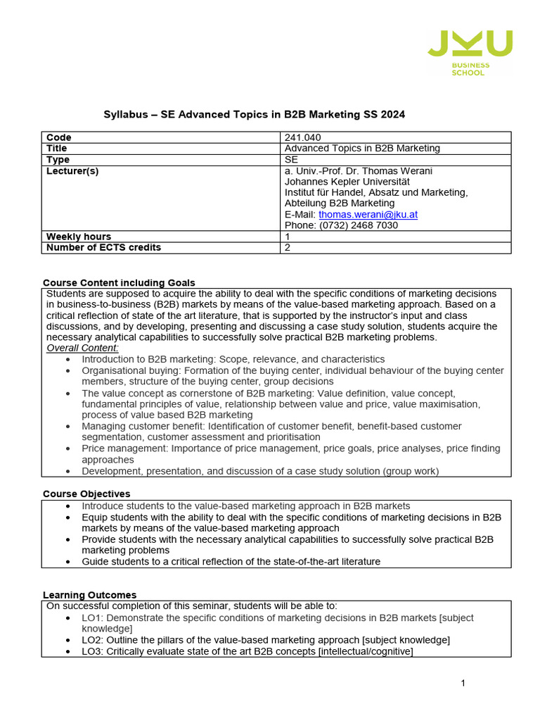 Syllabus Adv - Topics B2B Marketing SS24 | PDF | Marketing | Learning